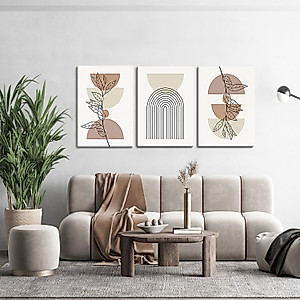 Modern Boho Wall Art Set of 3 - Abstract Geometric Line Leaf Beige Botanical Canvas Paintings Prints Wall Decor, Minimalist Wall Art for Living Room, Bedroom, Office - Framed 12x16 in