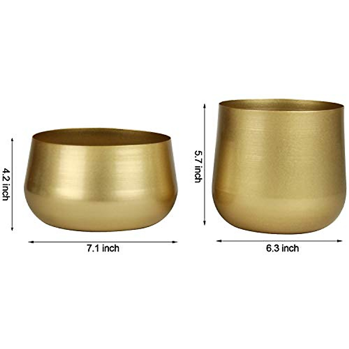Vixdonos Gold Metal Flower Pots Brass-Toned Garden Planters, 7.1/6.3 Inch Indoor Round Succulent Containers, Pack 2 Cactus Plant Pots with Drainage Hole