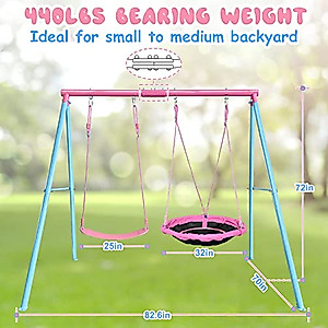 JYGOPLA 440lbs 2 Play Stations Swing Sets for Backyard, 1 Saucer Tree Swing 32 inch, 1 Belt Swings, Heavy Duty Metal Swing Stand with Anchors(Pink+Blue)