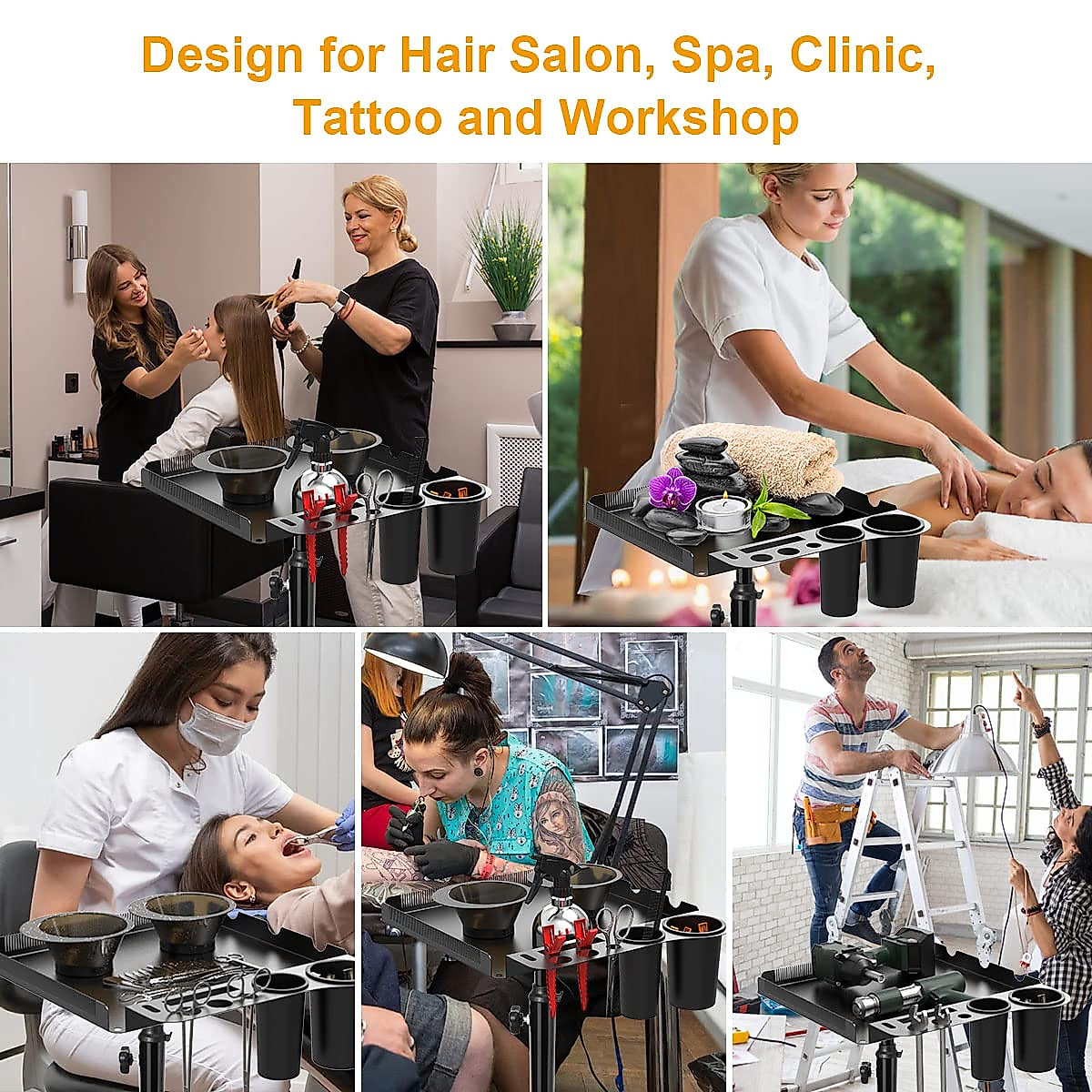 Salon Tray on Wheels with 2 Magnetic Bowls, Rolling Metal Aluminum Tray Cart Height Adjustable for Hair Stylist, Hair Extension Tool Tray, Tattoo Tray with Hair Stickless Wheels