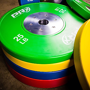 PRx Performance Color Elite Bumper Plate Pairs, Steel Center Insert with 2" Sleeve Hole, Minimal Bounce (45lb Pair)