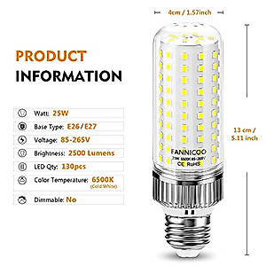 E26 LED Bulb,25W LED Corn Light Bulb 200W Equivalent 6500K Cool Daylight White 2500LM Non-dimmable Flicker Free Ceiling Fan LED Corn Bulb for Indoor Outdoor Home Garage Pack of 3
