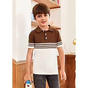 Boys Short Sleeve Polo Shirt, Button Closure, Knit Stretch Stripe T-Shirts for Kids and Teens 5-14 Years Brown