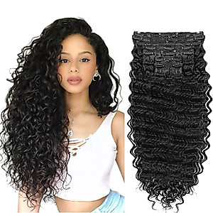 Clip in Hair Extensions Synthetic hair Clip in 140G 7Pcs/Lot Japanese Heat Resistant Fiber Hairpieces Deep Wave/ Body Wave/Straight hair (Deep Wave, Natural Black 1B#)(24 Inch (Pack of 7))