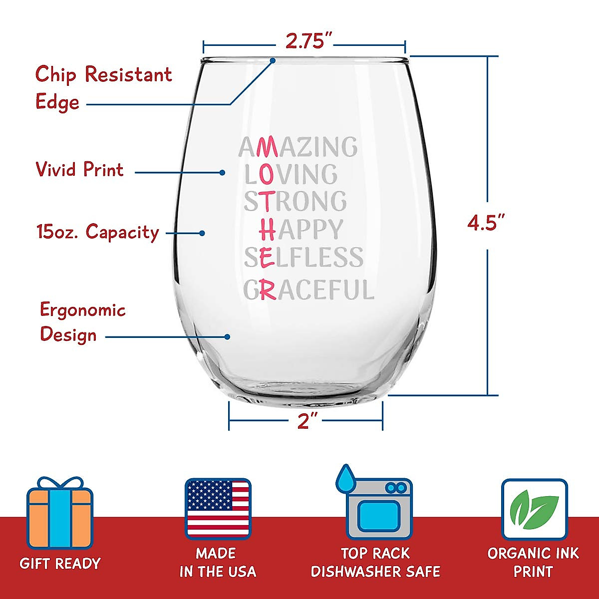 Mother Wine Glass with Affectionate, Loving Words- Best Mom Wine Glass Gift- Gag Mother’s Day Gift- Funny Birthday Present for Mom From Daughter, Son or Friends- Gift Idea for New Mom- USA Made