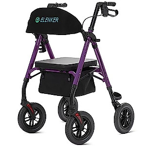 ELENKER All-Terrain Rollator Walker with 10” Non-Pneumatic Wheels, Sponge Padded Seat and Backrest, Fully Adjustment Frame for Seniors, Purple