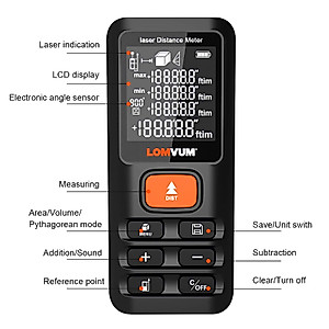 Laser Measure 393ft, LOMVUM Laser Distance Meter 120M, Portable Handle Digital Measure Tool Range Finder with Backlit LCD, Electronic Angle Sensor, Pythagorean Mode, Measure Distance, Area & Volume