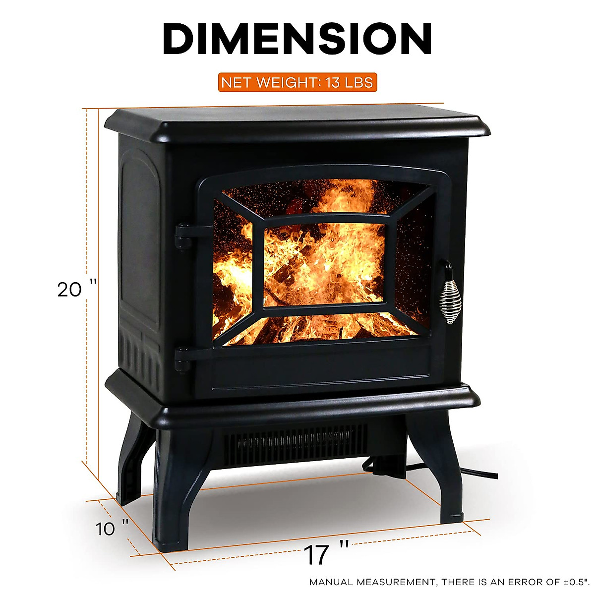 Electric Fireplace, 20" Fireplace Heater 3D Flames TV Stand Freestanding Fireplace Portable CSA Approved Safety 1500W Realistic Log Flame for Home Office (Black)