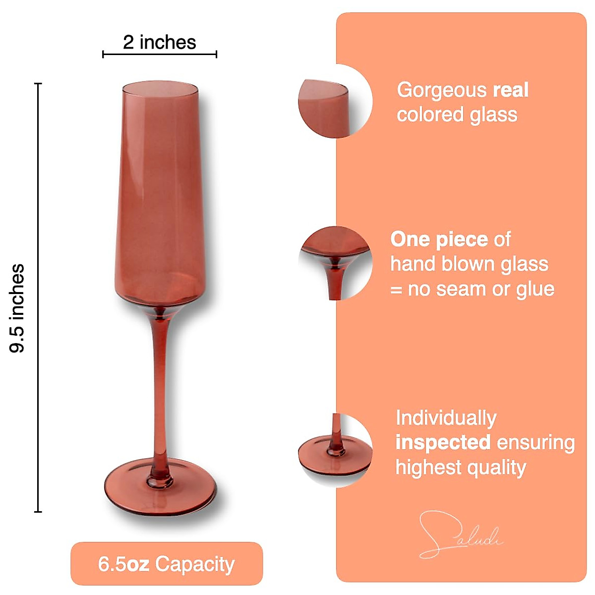 Saludi Colored Champagne Flutes - As Seen on 'Bachelor in Paradise' - 7oz (Set of 6) Stemmed Multi-Color Champagne Glass - Great for All Occasions and Gifts - Luxury, Durable, Hand-Blown