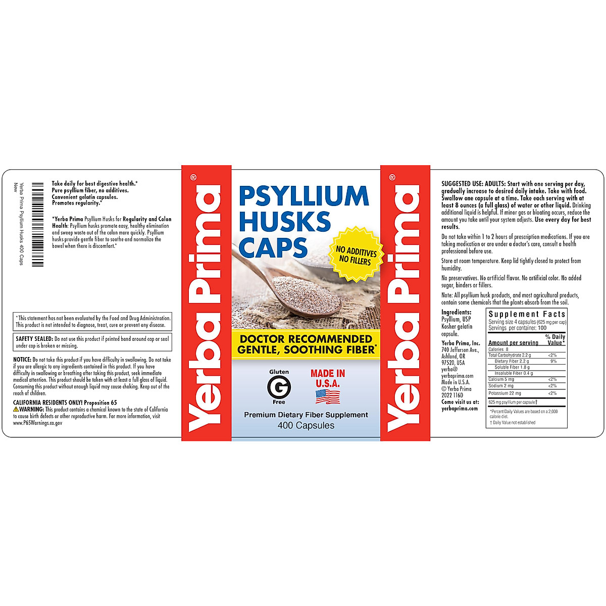 Yerba Prima Psyllium Husks Caps, 625 mg, 400 Capsules - Natural Fiber for Men and Women - Regularity Support Supplement