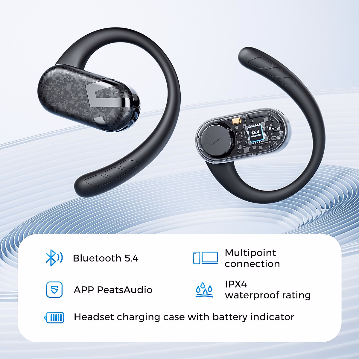 SoundPEATS Breezy Open Ear Headphones, 40Hrs Playtime, 90° Adjustable Wireless Earbuds, Bluetooth 5.4 Earphones, 12mm Drivers, 4 Mics with AI Call Noise Cancellation