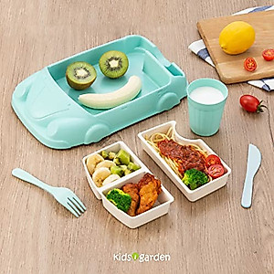 Kids garden Car Plate 8Pcs/Set Bamboo Children Dinnerware Sets - Dishwasher/Microwave Safe Includes Cutlery, Beautiful Plate, Separable Bowls & Cup Happy MealTime, Light Green, YK-001