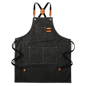 Tosewever Canvas Cross Back Chef Apron for Men Women with Adjustable Straps Large Pockets, Waterdrop Kitchen Heavy Duty Cotton Aprons for Tool Cooking BBQ Artist, M to XXL (Black)