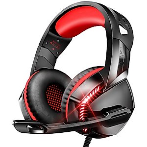 VersionTECH. G2000 Gaming Headset for PS5 PC PS4 Xbox One Controller,Bass Surround Noise Cancelling Mic, Over Ear Headphones with LED Lights for Mac Laptop Xbox Series X S Nintendo Switch Games-Red