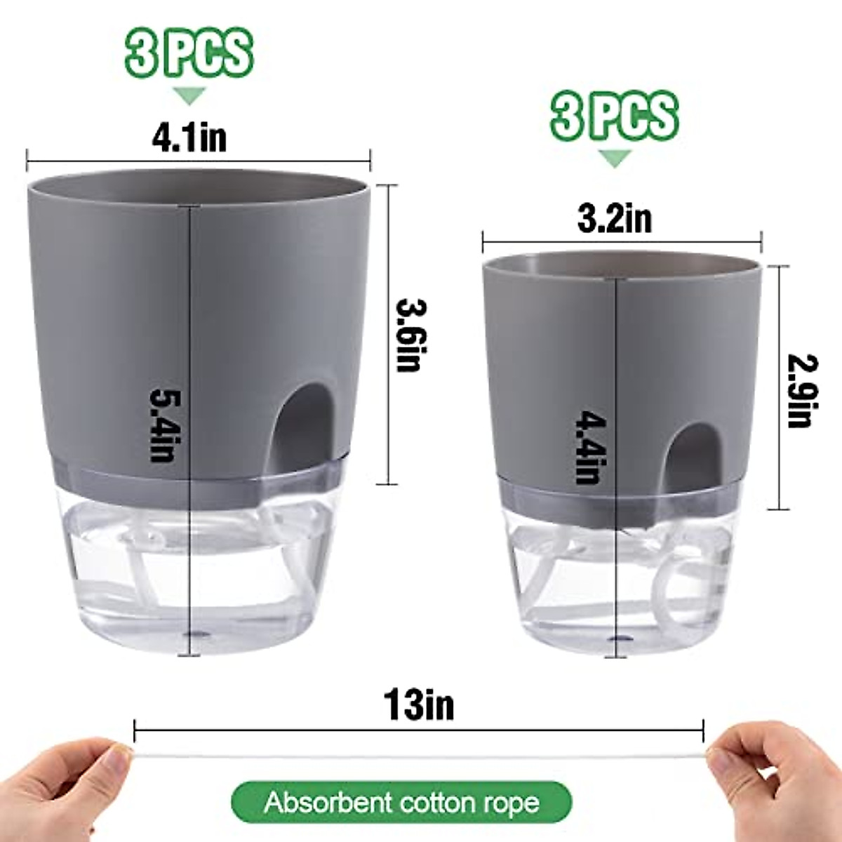 6 pcs Self Watering Plant Pots, 4.1/3.2 in Plastic Planter with Drainage Holes, Flower Pots for Indoor Plants, African Violet, Succulents, Herbs, Grey