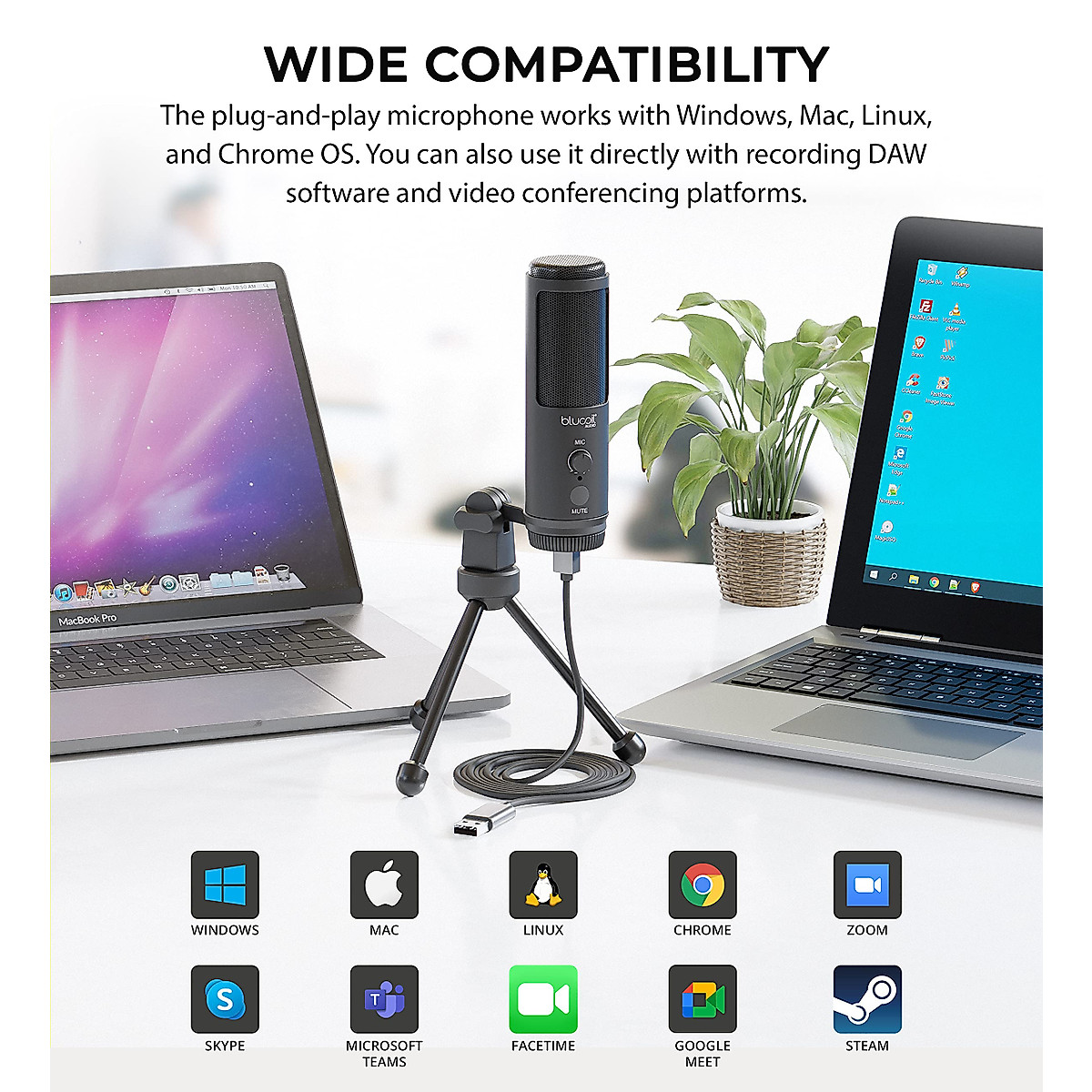 Blucoil USB Cardioid Condenser Microphone with 3.5mm Headphone Jack, Volume Control, Mute Button, and Tripod - Compatible with Mac, Windows, Linux, Chrome, Zoom, Google Meet, Microsoft Teams, and more