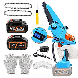 Mini Chainsaw,6 Inch Mini Chainsaw Cordless,36V Battery Chainsaw with Security Lock,Handheld Electric Chainsaw Cordless for Tree Trimming Branch Wood Cutting 2 Batteries, 2 Chains Included