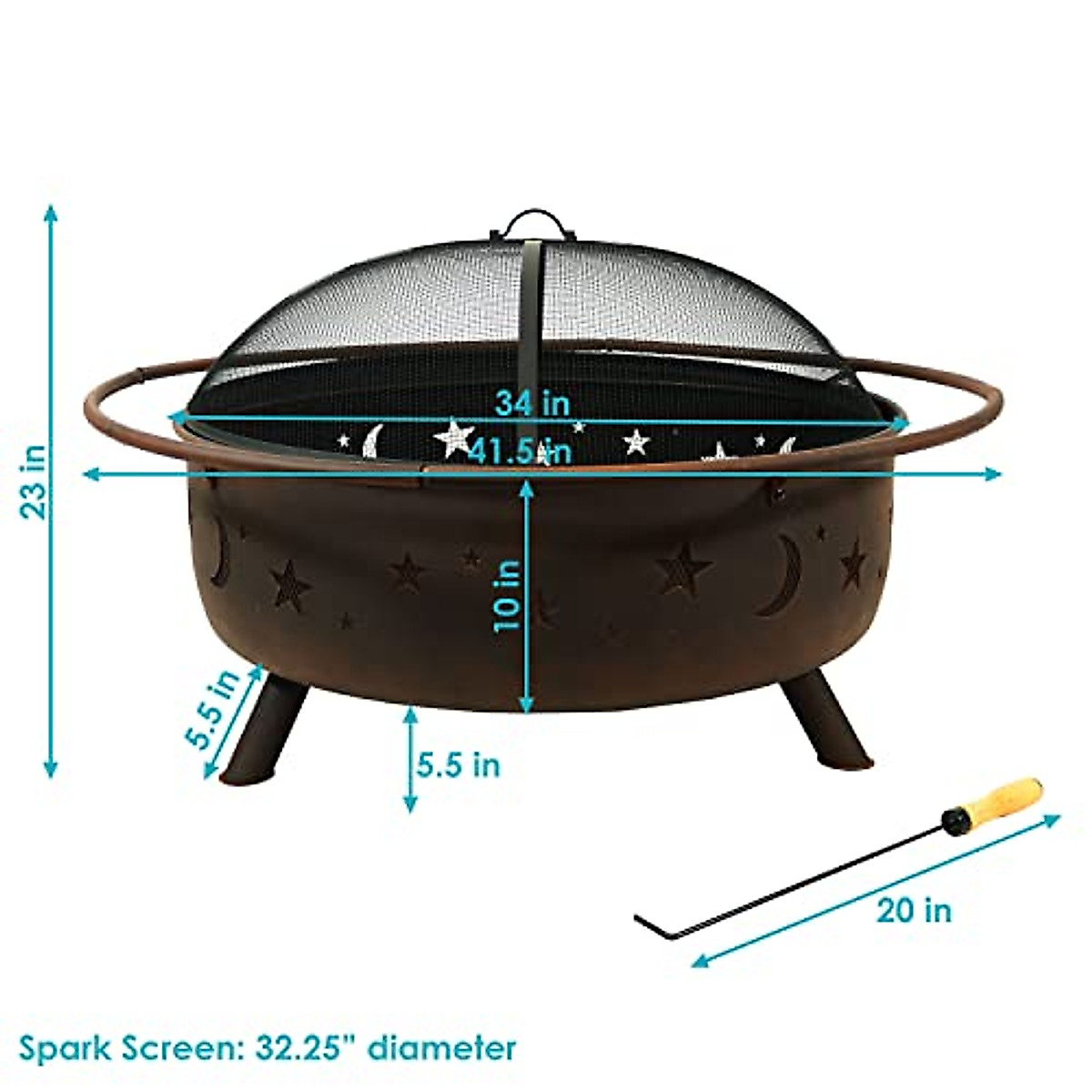 Sunnydaze Cosmic 42-Inch Wood-Burning Steel Fire Pit with Round Spark Screen, Poker, and Built-in Grate - Rust Patina
