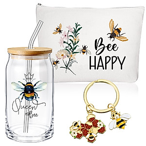 Hushee Set of 3 Bee Theme Gifts Honey Bee Cup Wine Glass with Lid Straw and Bee Makeup Bag and Bee Keychain for Thanksgiving Christmas Gifts for Women Teachers Employee Bee Lovers