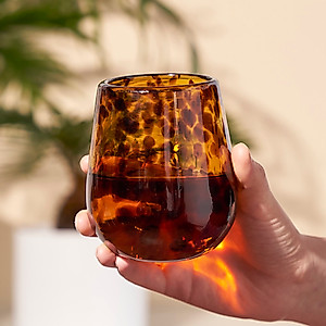 Segunda Vida Tortuga Tortoise Shell colored Stemless Wine Glasses Set - Hand Blown Colorful Wine Glasses - Amber 100% Recycled Glassware Made in Mexico, 13oz, Set of 2