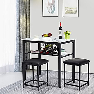 Kinfant 3 Pcs Bar Dining Table and Chairs Set with Faux Marble Tabletop - 2 Chairs, Contemporary Dining Table Set with Wine Rack for Home, Hotel, Dining Room, Kitchen or Bar, White & Black