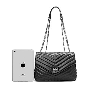 EvaLuLu Leather Quilted Chain Shoulder Bag Designer Women Flap Handbags (Medium, Black)