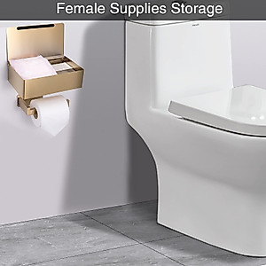 YRONG Adhesive Toilet Paper Holder with Shelf and Storage, Wall Mount Toilet Paper Roll Holder & Flushable Wipes Dispenser Set Fits Any Bathroom, Stainless Steel Tissue Holder-Square, Gold