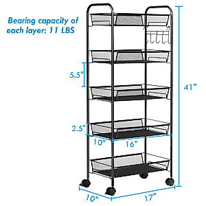 Giantex 5-Tier Storage Cart Rolling Trolley Organizer Utility Cart with Lockable Wheels, 5 Hooks, Mesh Shelves for Home Kitchen, Bathroom, Office and Bedroom (Black)
