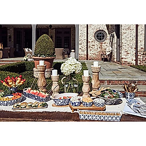 Mud Pie Indigo Dip Bowl Wood Foot Board, Blue, bowl 2" x 4" dia | stand 5" x 16"