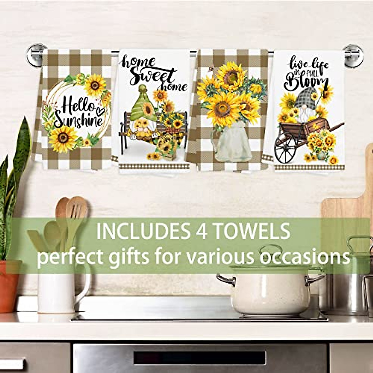 pinata Sunflower Kitchen Towels Set of 4-Gnome Bee Sunflower Dish Towels-Hello Sunshine Seasonal Tea Towels-Cute Home Sweet Home Hand Towels-Housewarming Gifts Sunflower Kitchen Decor for New Home