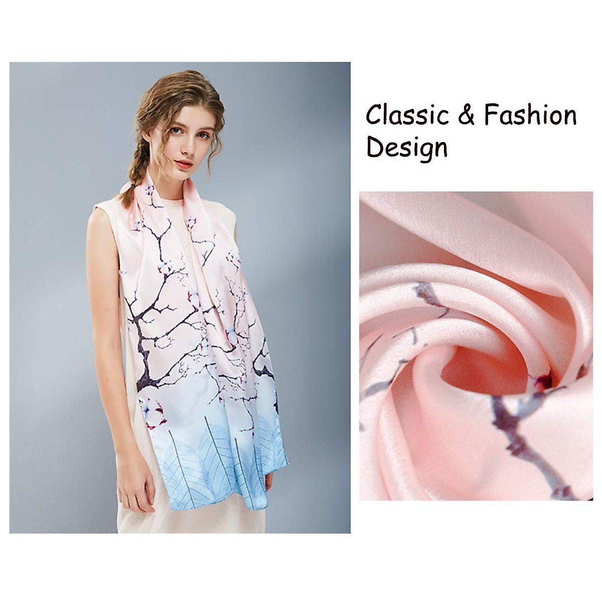 ANDANTINO 100% Mulberry Silk Long Scarf for Women Large Shawls for Headscarf and Neck- Oblong Hair Wraps with Gift Packed (Blue&Pink Branches)