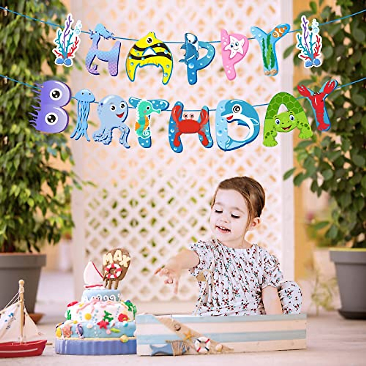 Sea Animal Banner Under the Sea Birthday Decorations, Ocean Themed Marine Creature Birthday Party Supplies for Baby Girl Boy, Sea Theme Happy Birthday Banner Baby Shower Sign Decor