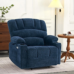 MCombo Power Lift Recliner Chair Sofa with Massage and Heat for Big Elderly People, USB Ports, Side Pockets, Fabric R7096 (Medium-Wide, Navy Blue)