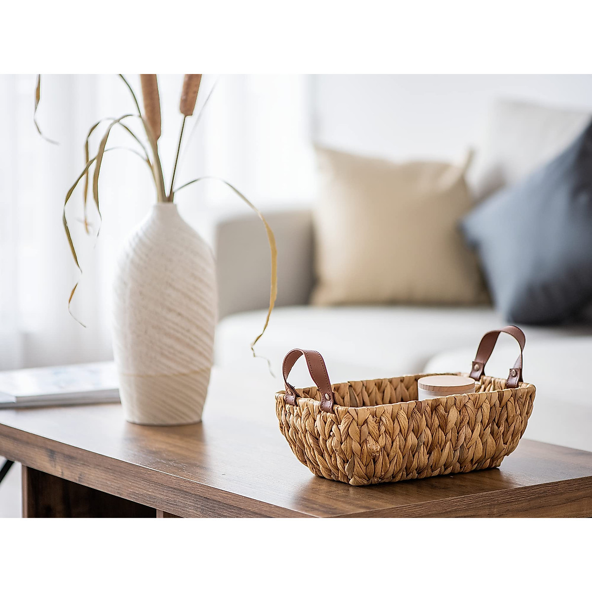 Labcosi Small Wicker Baskets for Organizing, Handwoven Toilet Paper Baskets for Toilet Tank, Water Hyacinth Bathroom Baskets with Faux Leather Handles, Baskets for Gift Empty, Set of 2