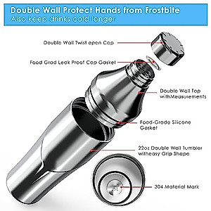 Cocktail Shaker Haraye Premium Vacuum Insulated Stainless Steel Martini Shaker Cocktail Shaker Bar Set 18/8 Drink Shaker Home Margarita Shaker Bar Shaker Alcohol Shaker Can be Used for Gifts