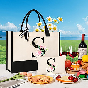 AYGE Personalized Initial Canvas Beach Bag Cosmetic Bags, Monogrammed Gifts for Women, Tote Bag, Makeup Bag, Birthday Gifts for Sister Mom Teacher Bridesmaid (S)