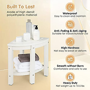 Giantex Corner Shower Stool Waterproof - HDPE Shower Bench Seat with Storage Shelf for Shaving Legs, Non-Slip Foot Pads, Plastic Spa Bath Step Foot Rest for Bathroom Small Place (Creamy White)