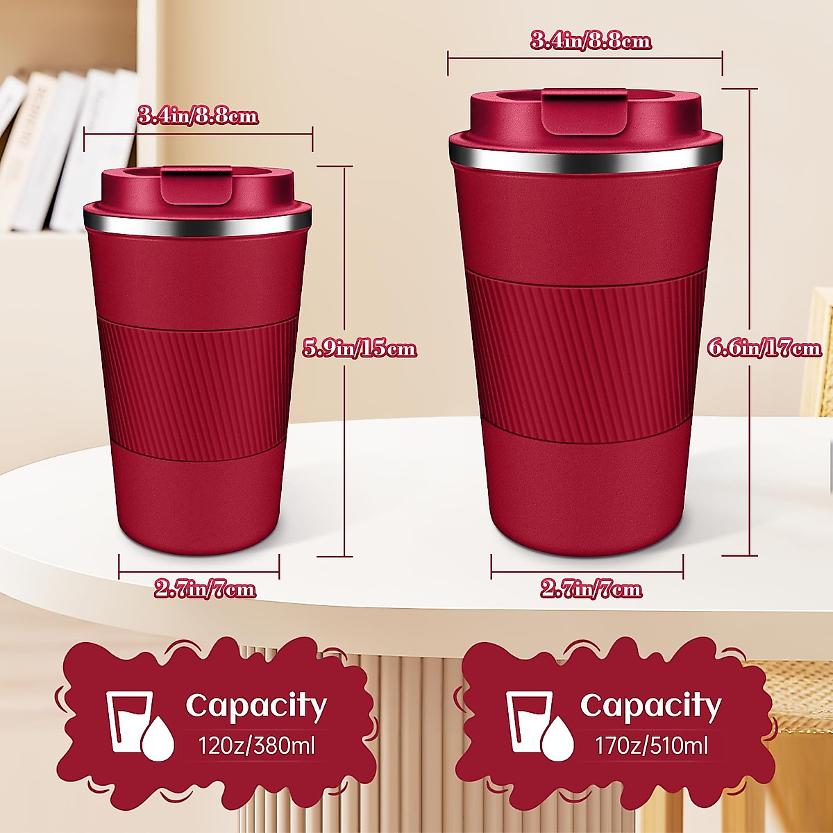 BAYTWA Coffee Tumbler 12oz/380ml - Insulated Coffee Mug with Lid, Leakproof Travel Coffee Cup, Stainless Steel Reusable Coffee Mug for Hot&Cold Drinks, Thermal Coffee Cups for Men Women-Red/1 Pack
