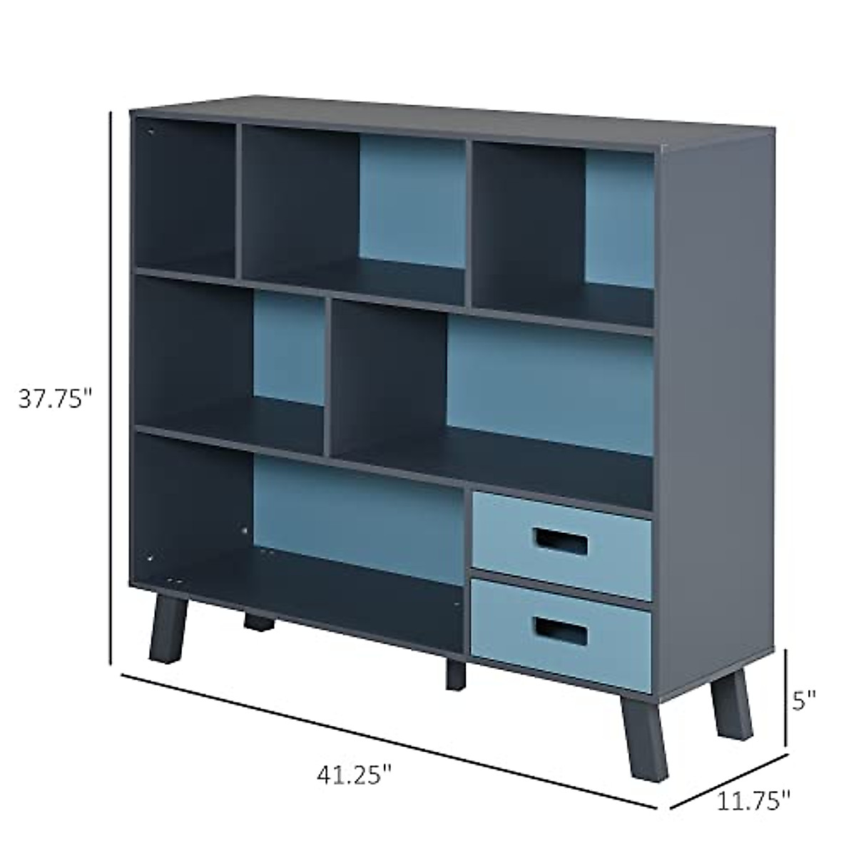 HOMCOM 3-Tier Child Bookcase Open Shelves Cabinet Floor Standing Cube Storage Organizer with Drawers - Dark Blue