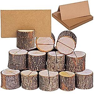 Place Card Holders, 20 Pcs Place Rustic Wooden Card Holders Table Number Stands for Name Tags Food Markers Party Wedding Table Name Card Holder Memo Photo Holder Card and 30 Pcs Kraft