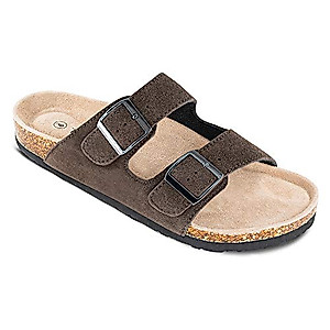 TF STAR Men’s Cow Suede Leather Slide Sandals,2-Strap Adjustable Buckle,Casual Slippers, Slide Cork Footbed shoes