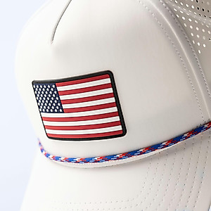 Branded Bills Old Glory PVC Curved 5 Panel Rope Hat, White/RWB Rope, Fits 7-7 7/8, Adjustable Snapback | Lightweight, Comfort Stretch, & Quick Dry Baseball Cap