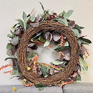 Abbie Home 24" Artificial Fall Floral Wreath with Handmade Red Hydrangea Series Rustic Leaves Red Berry for Front Door Wall Window Decor and Thanksgiving Harvest Festival Celebration