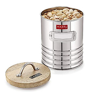 HAZEL Stainless Steel Storage Jar Container With Wood Lid, Set of 3, 1400 ML, Silver