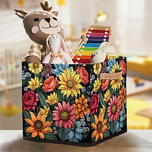 JXDXHCW 13x13 Inch Storage Basket Bin Wildflower Floral Pattern Polyester Cloth Storage Cube Box Toys Clothes Towels Organizer for Kids Room Bedroom Shelves Pantry