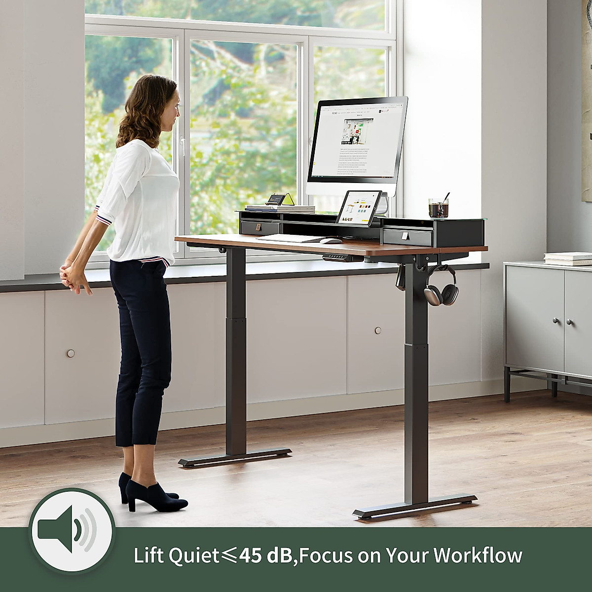 FEZIBO Electric Standing Desk with Glass Top Monitor Stand, 55 x 26 Inch with File Cabinet
