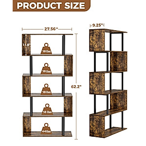 Gadroad 5-Tier Geometric Bookcase,S Shaped Bookshelf, Wood Decorative Storage Shelving, Modern Freestanding Display Shelves, Tall Book Shelf Unit for Living Room Bedroom, Rustic Brown