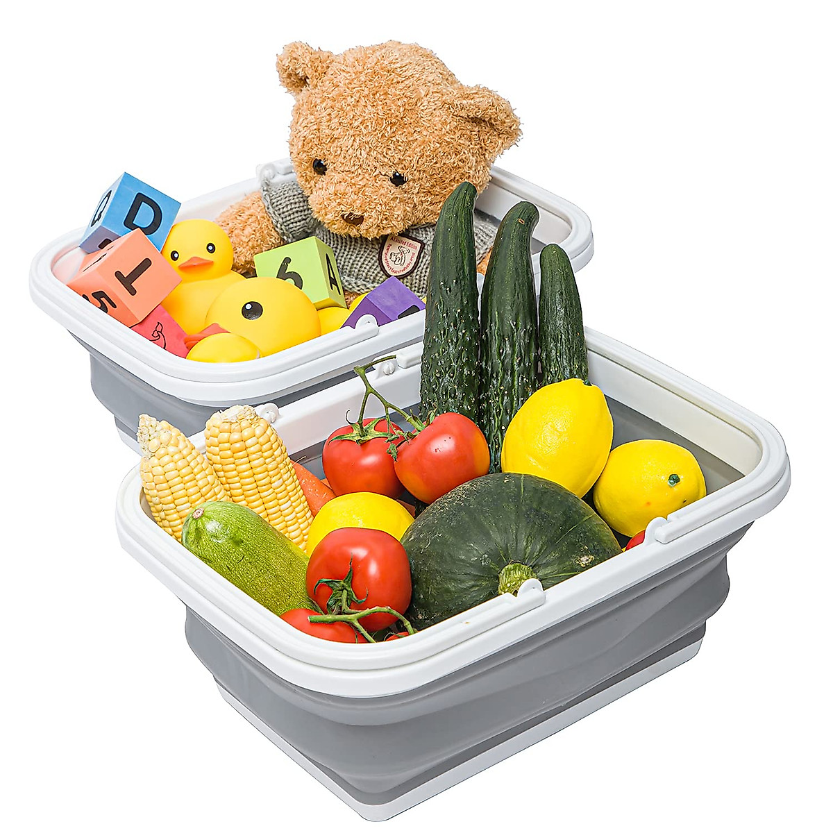 AUTODECO 2 Pack Collapsible Sink with Handle Towel, 2.37 Gal / 9L Foldable Wash Basin for Washing Dishes, Camping, Hiking and Home Gray