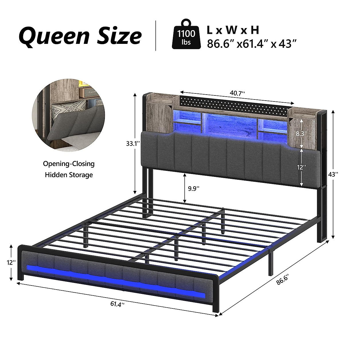 Queen Bed Frame with 3-Tier Headboard & 2 Hidden Storage, LED Lights Upholstered Bed Frame Queen Size with Charging Station, Platform Metal Bed Frame with Storage, No Box Spring Needed, Charcoal Gray