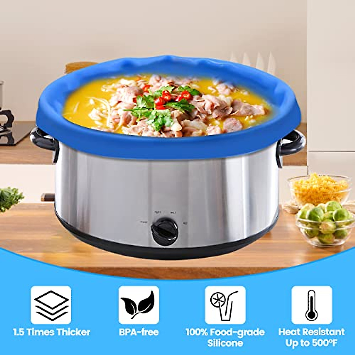 MQFORU Silicone Slow Cooker Liners fit Crockpot 6-8 Quart, 2 Pack Divider Silicone Liners for Crock Pot， BPA Free/Leakproof/Dishwasher Safe, for Most 6-8QT Oval Shape Cooking Liner